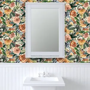 Spoonflower Boho Watercolor Roses Floral Medium Scale Custom Pre-pasted Wallpaper