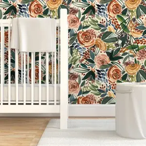 Spoonflower Boho Watercolor Roses Floral Medium Scale Custom Pre-pasted Wallpaper