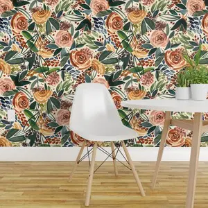 Spoonflower Boho Watercolor Roses Floral Medium Scale Custom Pre-pasted Wallpaper