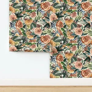Spoonflower Boho Watercolor Roses Floral Medium Scale Custom Pre-pasted Wallpaper
