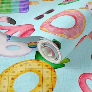 Spoonflower Summer Flamingo Watermelon Popsicle Pool Pineapple Custom Pre-pasted Wallpaper