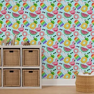 Spoonflower Summer Flamingo Watermelon Popsicle Pool Pineapple Custom Pre-pasted Wallpaper