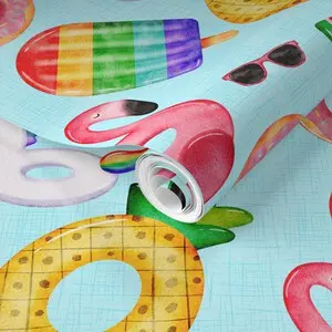Spoonflower Summer Flamingo Watermelon Popsicle Pool Pineapple Custom Pre-pasted Wallpaper Blue