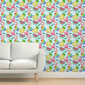 Spoonflower Summer Flamingo Watermelon Popsicle Pool Pineapple Custom Pre-pasted Wallpaper - Blue