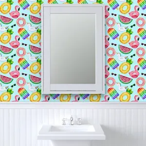 Spoonflower Summer Flamingo Watermelon Popsicle Pool Pineapple Custom Pre-pasted Wallpaper - Blue