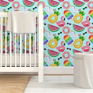 Spoonflower Summer Flamingo Watermelon Popsicle Pool Pineapple Custom Pre-pasted Wallpaper - Blue