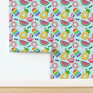 Spoonflower Summer Flamingo Watermelon Popsicle Pool Pineapple Custom Pre-pasted Wallpaper - Blue