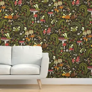 Spoonflower Whimsical Woodland Mushroom Butterflies Nature Custom Pre-pasted Wallpaper