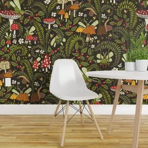 Spoonflower Whimsical Woodland Mushroom Butterflies Nature Custom Pre-pasted Wallpaper