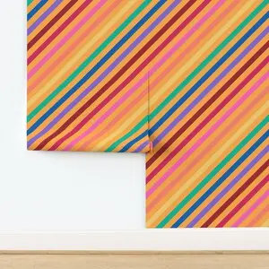 Spoonflower Rainbow Graphic Lines Bright Pride Retro Stripe Custom Pre-pasted Wallpaper - Orange