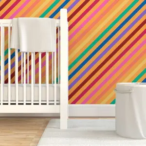 Spoonflower Rainbow Graphic Lines Bright Pride Retro Stripe Custom Pre-pasted Wallpaper - Orange