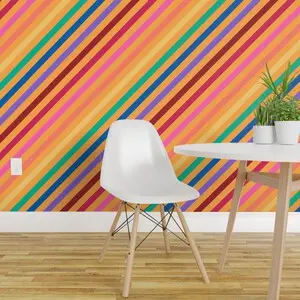 Spoonflower Rainbow Graphic Lines Bright Pride Retro Stripe Custom Pre-pasted Wallpaper - Orange