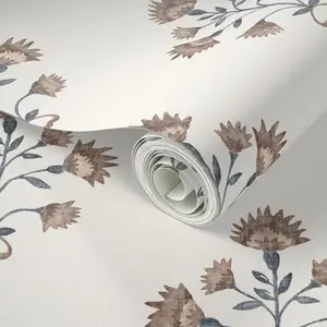Spoonflower Modern Floral Traditional Stem Wildflower Custom Pre-pasted Wallpaper - Beige