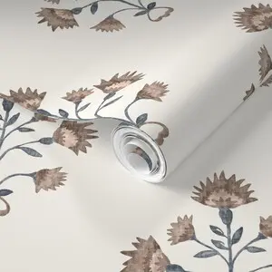 Spoonflower Modern Floral Traditional Stem Wildflower Custom Pre-pasted Wallpaper - Beige