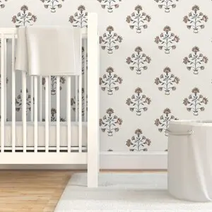 Spoonflower Modern Floral Traditional Stem Wildflower Custom Pre-pasted Wallpaper - Beige