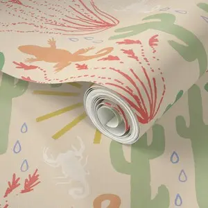 Spoonflower Neutral Southwest Muted Sun Cactus Cacti Lizard Custom Pre-pasted Wallpaper