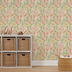 Spoonflower Neutral Southwest Muted Sun Cactus Cacti Lizard Custom Pre-pasted Wallpaper