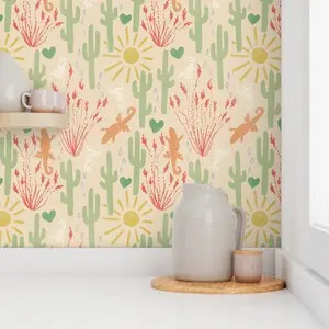 Spoonflower Neutral Southwest Muted Sun Cactus Cacti Lizard Custom Pre-pasted Wallpaper