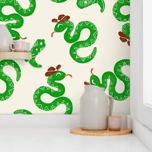 Spoonflower Whimsical Western Snakes Cowboy Hat Cute Desert Custom Pre-pasted Wallpaper
