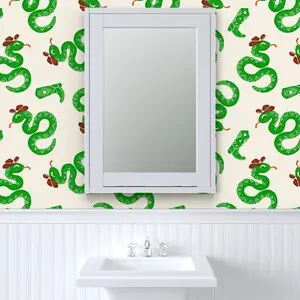 Spoonflower Whimsical Western Snakes Cowboy Hat Cute Desert Custom Pre-pasted Wallpaper - Green