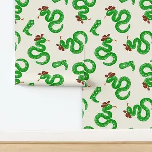 Spoonflower Whimsical Western Snakes Cowboy Hat Cute Desert Custom Pre-pasted Wallpaper - Green