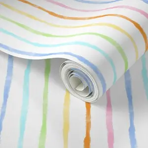 Spoonflower Stripes Pastel Modern Abstract Colorful Custom Pre-pasted Wallpaper - Rainbow