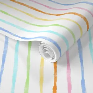 Spoonflower Stripes Pastel Modern Abstract Colorful Custom Pre-pasted Wallpaper - Rainbow