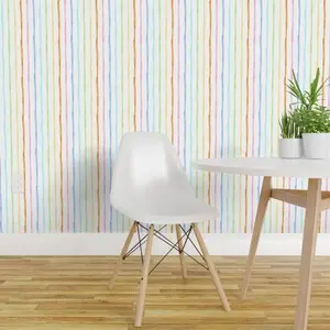 Spoonflower Stripes Pastel Modern Abstract Colorful Custom Pre-pasted Wallpaper - Rainbow