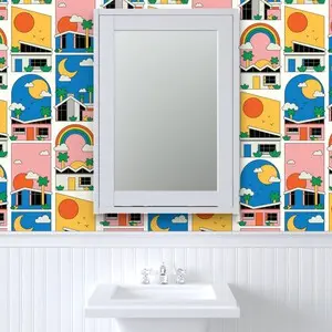 Spoonflower Palm Springs Clouds Sun House Moon City Trees Custom Pre-pasted Wallpaper - Rainbow