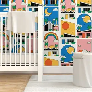 Spoonflower Palm Springs Clouds Sun House Moon City Trees Custom Pre-pasted Wallpaper - Rainbow