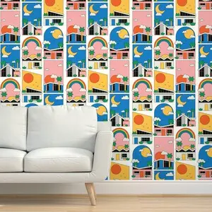 Spoonflower Palm Springs Clouds Sun House Moon City Trees Custom Pre-pasted Wallpaper - Rainbow