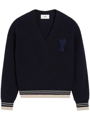 AMI Paris Ribbed V-neck Sweater - Blue