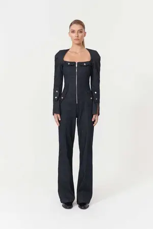 JENDUE Harvey Denim Jumpsuit With Contrast Stitching And Square Neckline
