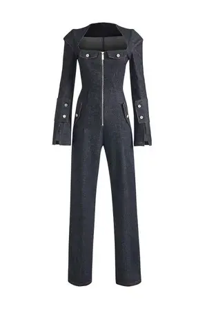 JENDUE Harvey Denim Jumpsuit With Contrast Stitching And Square Neckline
