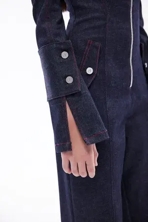 JENDUE Harvey Denim Jumpsuit With Contrast Stitching And Square Neckline