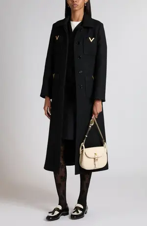 Valentino Garavani V-detail Belted Virgin Wool & Silk Drill Coat - Black