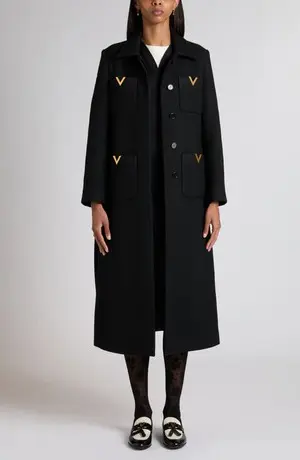 Valentino Garavani V-detail Belted Virgin Wool & Silk Drill Coat - Black