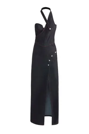 JENDUE Davidson Asymmetrical One-shoulder Denim Maxi Dress With Contrast Stitching - Deep Blue