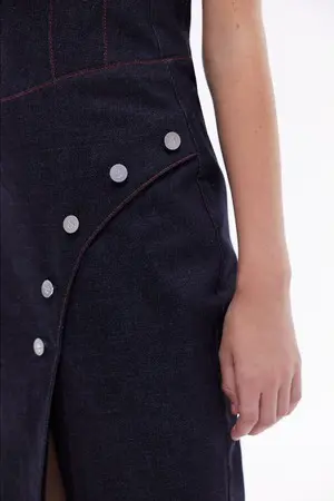 JENDUE Davidson Asymmetrical One-shoulder Denim Maxi Dress With Contrast Stitching