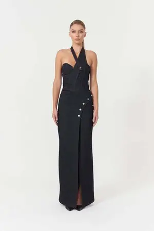 JENDUE Davidson Asymmetrical One-shoulder Denim Maxi Dress With Contrast Stitching
