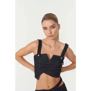JENDUE Harvey Denim Crop Top With Contrast Stitching - Deep Blue