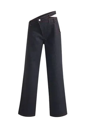 JENDUE Davidson Asymmetric Belt Denim Pants - Deep Blue