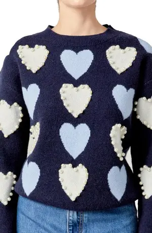 English Factory Heart Faux Pearl Embellished Sweater