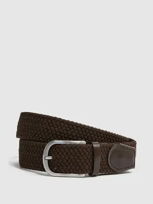 REISS Elmont Basket-weave Belt - Dark Brown