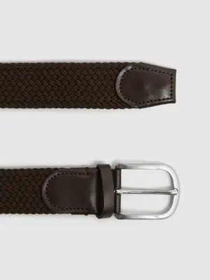 REISS Elmont Basket-weave Belt - Dark Brown