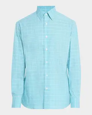 Brioni Cotton Windowpane Check Sport Shirt Green/white