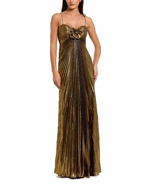 Mac Duggal Thin Strap Pleated Metallic Gown With 3d Flower - Antique Gold