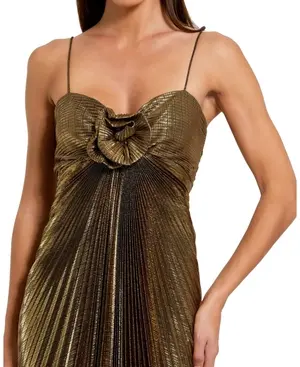 Mac Duggal Thin Strap Pleated Metallic Gown With 3d Flower - Antique Gold