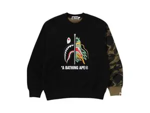 A BATHING APE X Clot Camo Shark Crewneck Sweatshirt - Olive
