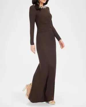 Dress The Population Crystal-embellished Column Gown - Mocha